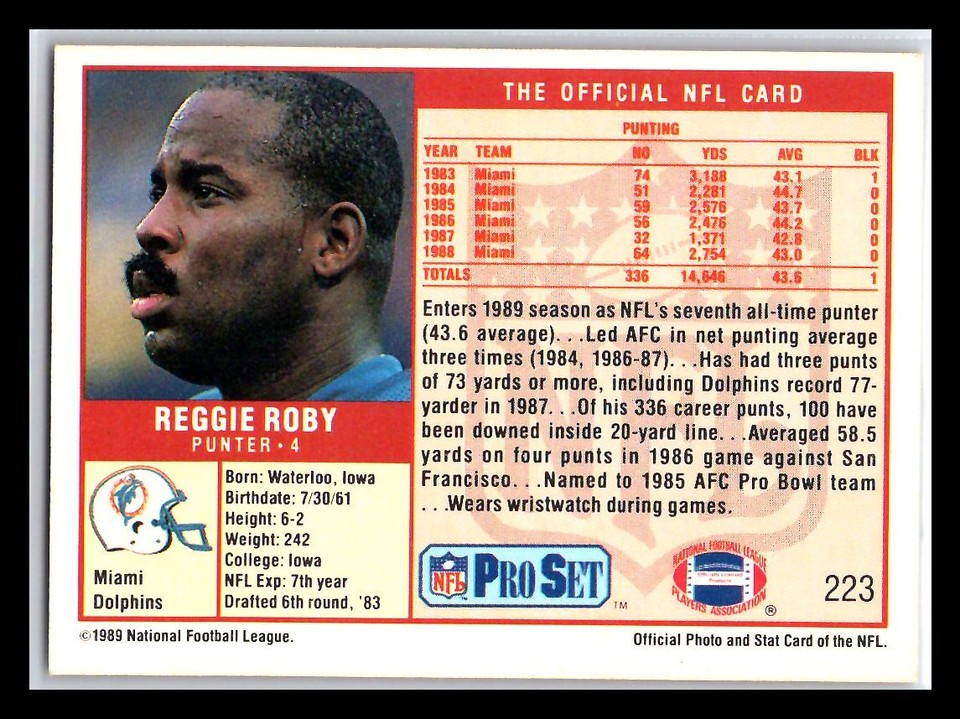 1989 Pro Set #223 Reggie Roby | eBay