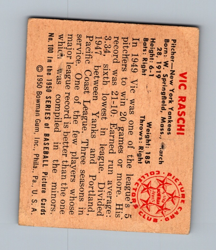1950 Bowman #100 Vic Raschi LOW GRADE (pinhole) Baseball Card (B2) | eBay