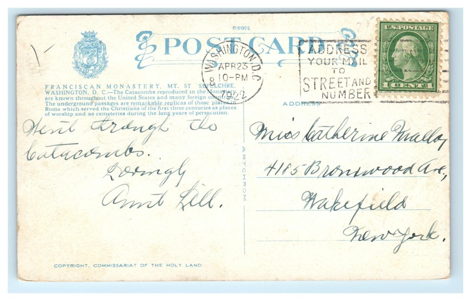 POSTCARD Franciscan Monastery Washington DC Catacombs 1922 | eBay