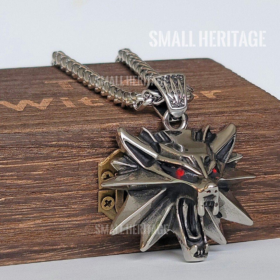 Wolf Head Witcher Necklace Stainless Steel Large Pendant Chain Wizard ...
