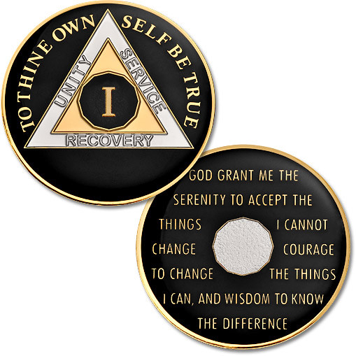 1 Year AA Coin BLACK Enamel, Gold, Nickel 1⅜" Traditional Size Recovery ...