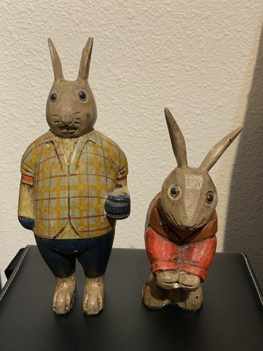 Vintage Hand Carved & Painted Wood Rabbits / Bunnies - Made In ...