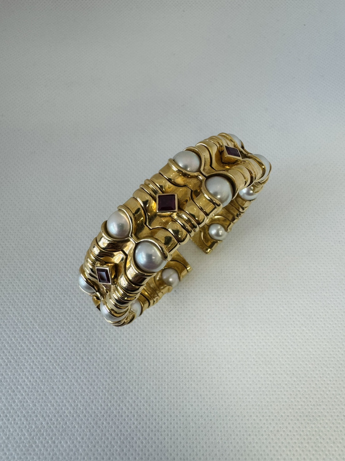 BVLGARI Vintage 18k Yellow Gold Pearl & Ruby Cuff Bra… - Gem
