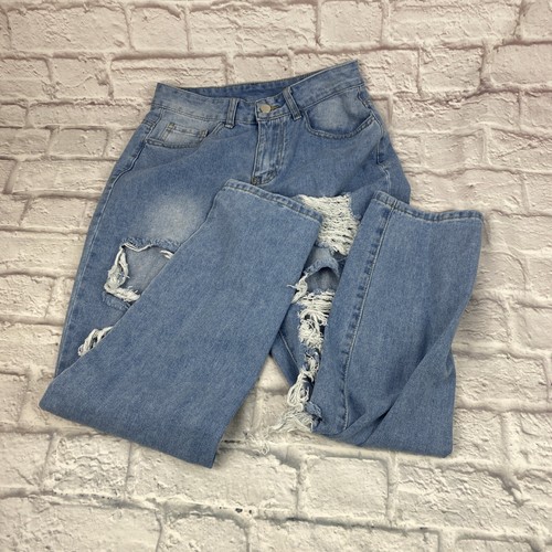 Shein Womens Dad Jeans High Waist Distressed Denim Size Small Straight ...