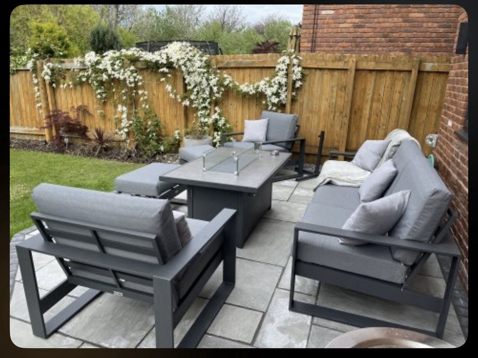 Maze Aluminium 3 Seat Sofa Garden Furniture Dining Set with Fire Pit ...