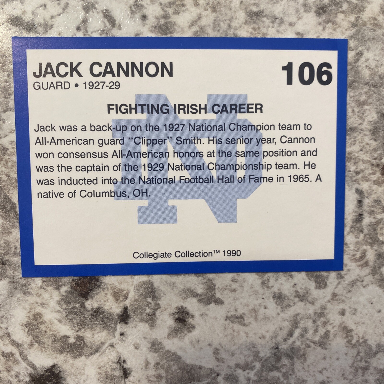 1990 Collegiate Collection University of Notre Dame - #106 Jack Cannon ...