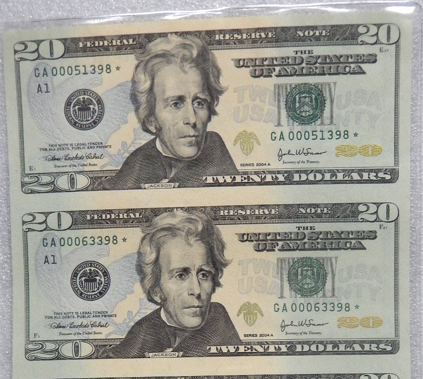 Uncut Sheet of Four (4) $20 Twenty Dollar Bills - 2004 A Star Note ...