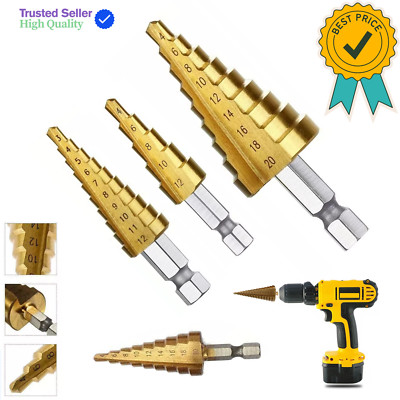 3 Pcs Large HSS Steel Step Cone Drill Titanium Bit Set Hole Cutter 4-12 ...
