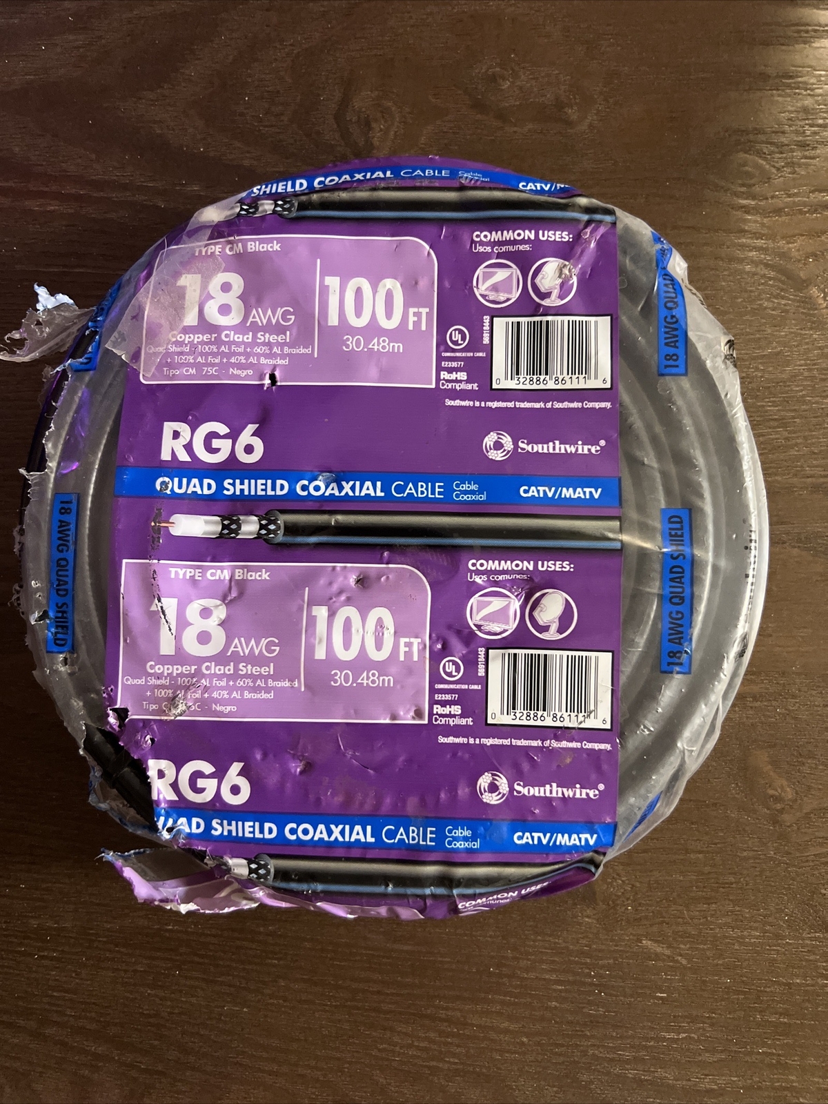 100' 18 AWG RG6 Copper Clad Steel Quad Shield Coaxial Cable Coil ...