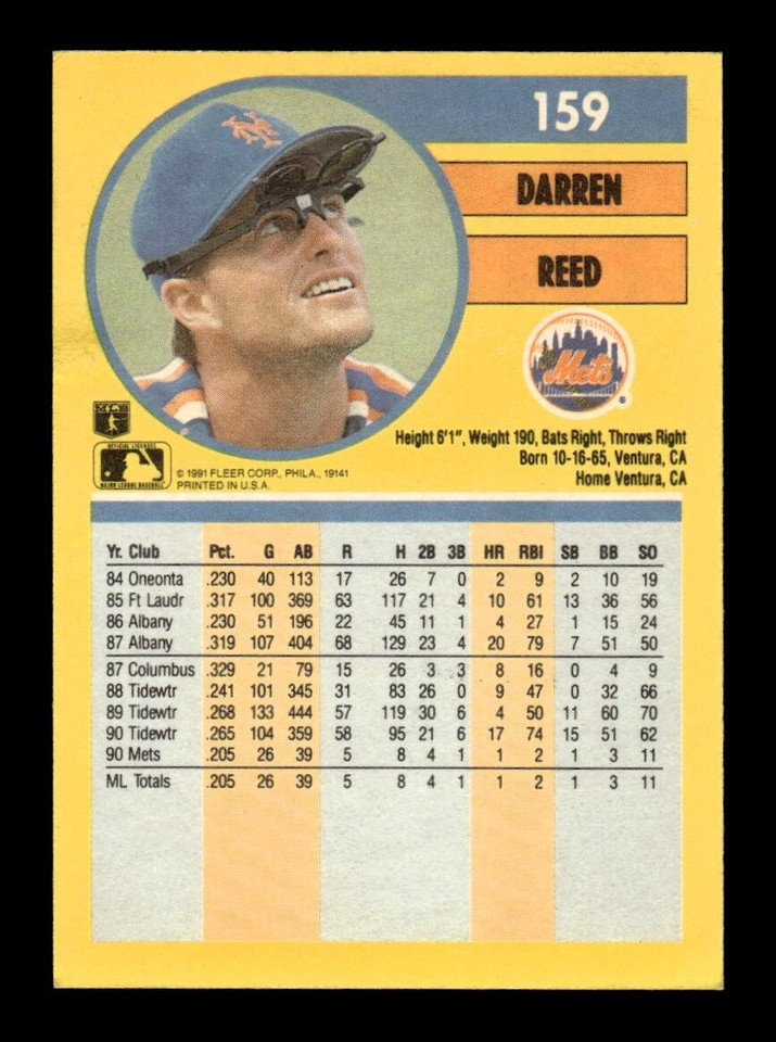 DARREN REED SIGNED 1991 FLEER BASEBALL #159 NEW YORK METS ON-CARD AUTO ...