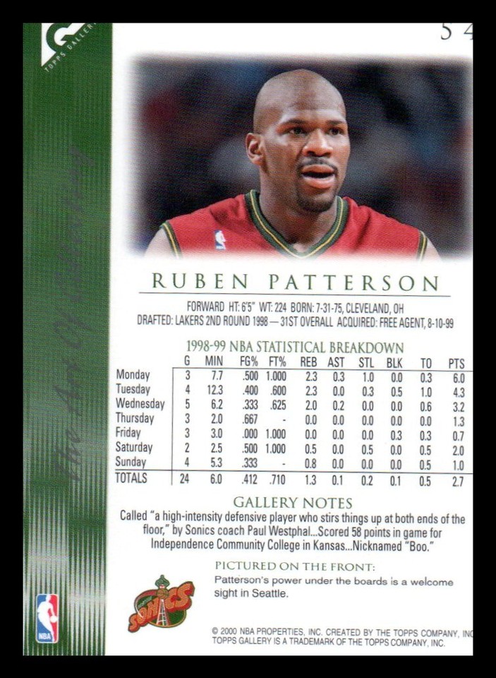 1999-00 Topps Gallery #54 Ruben Patterson NBA Basketball Seattle ...
