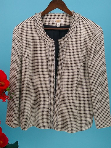 Talbots Womens Navy Blue & Beige Houndstooth Gingham Fringe Trim Blazer Size 20 | eBay