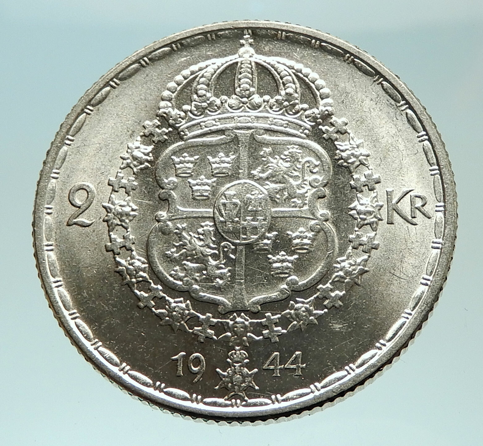 1944 Sweden GUSTAF V Crowned ARMS Vintage Genuine Silver 2 Kronor Coin ...