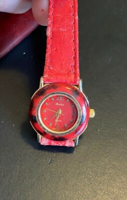 Women's Gold Tone Ronica Watch, Red and Black Bezel, Red Leather Band ...