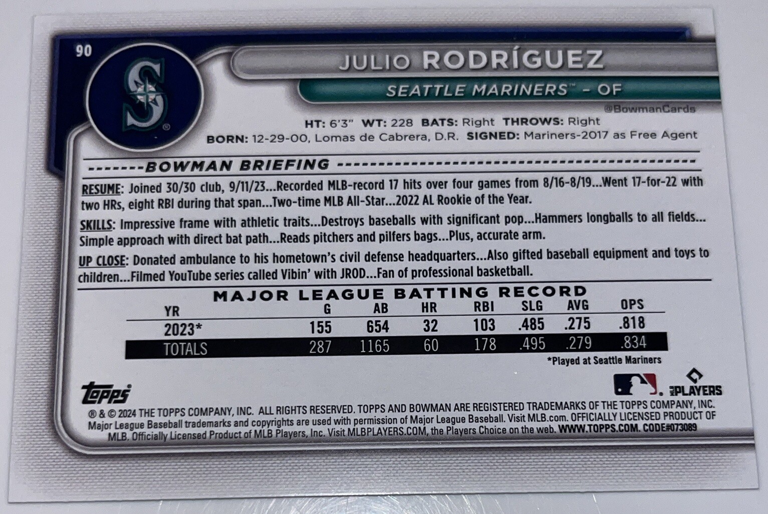 2024 Bowman Julio Rodriguez GREEN PATTERN PARALLEL #90 Seattle Mariners ...