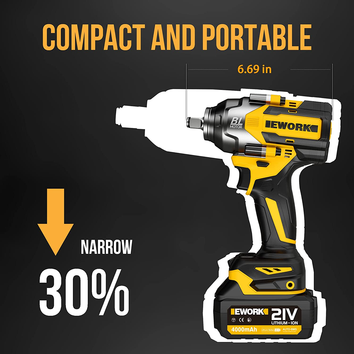 Cordless Impact Wrench 1/2'' 21V Brushless High Torque Impact Gun Max ...