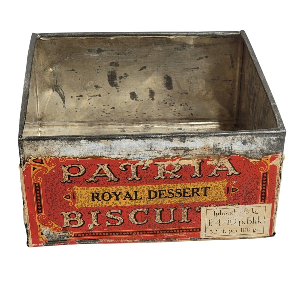 Vtg Antique PATRIA Biscuits Metal Tin Sqaure Paper Logo Royal Desert ...