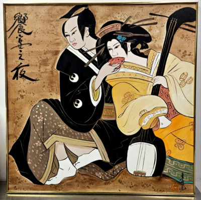 36" Framed Oil on Canvas Japanese Geisha Woman and Man Green Kukicha N ...