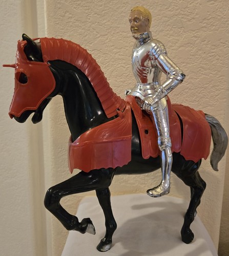 Vintage 1950's Marx Silver Knight, Black Horse, Red Armor, NO Sword. | eBay