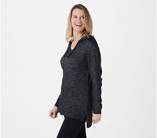 Denim & Co. V-Neck Hooded Tunic Sweater-Black-XS A389387 NEW | eBay