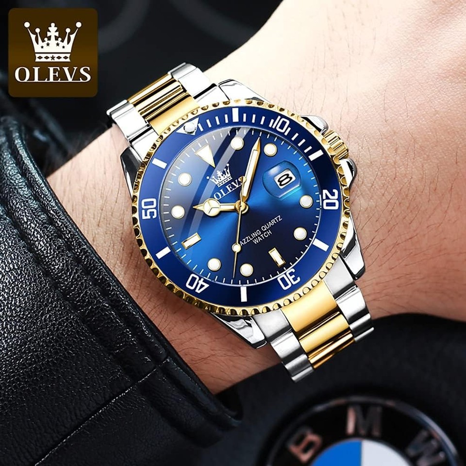 OLEVS Watches for Men with Date Luxury Big Face Gold Blue Watch | eBay