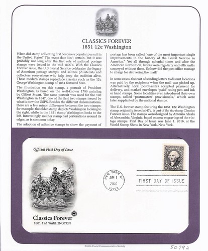 First Day Cover, Postal Commemorative Society 2016, 1851 12c ...