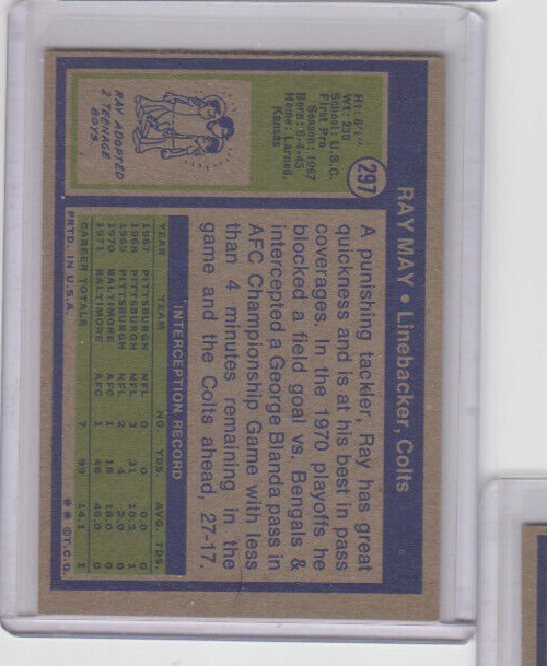 1972 TOPPS #297 RAY MAY BALTIMORE COLTS FOOTBALL CARD RARE HI# NM+ (oc ...