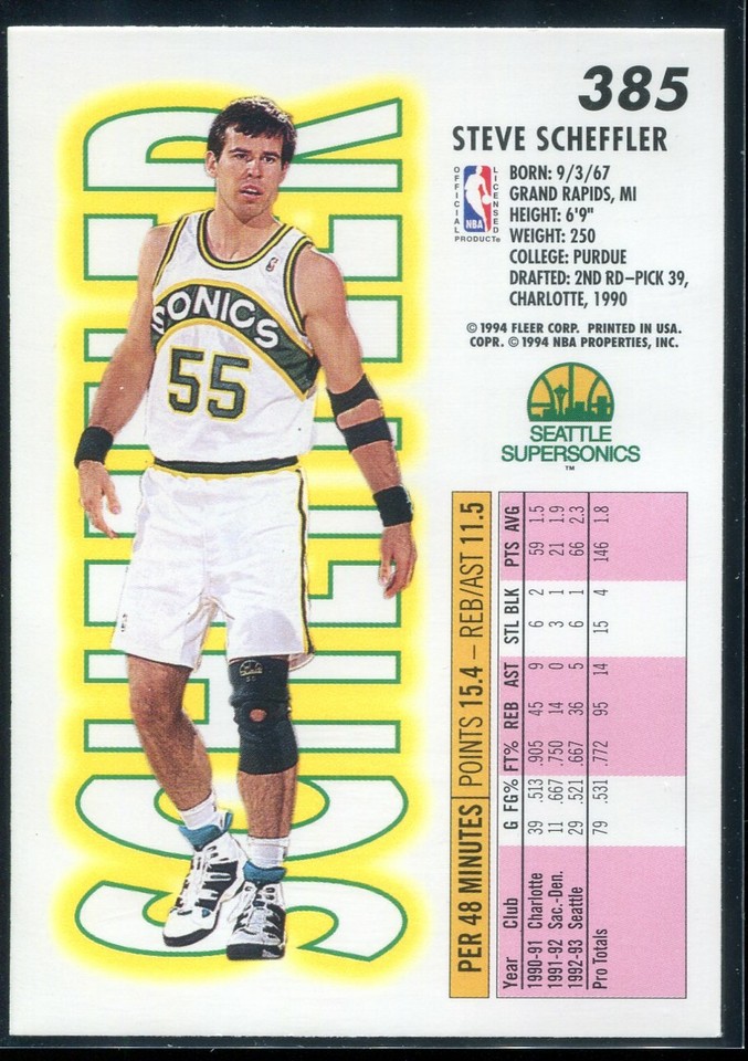1993-94 Fleer Basketball Steve Scheffler #385 Seattle Supersonics | eBay