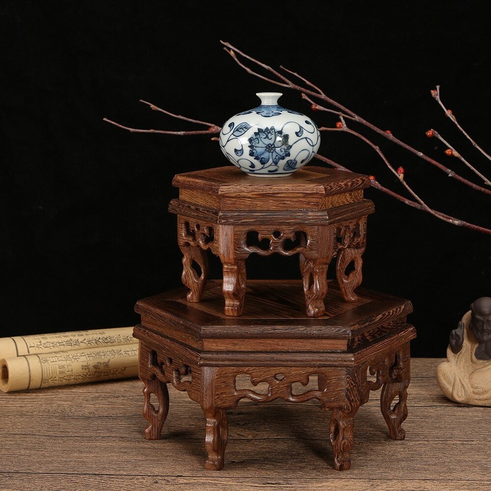 Retro Chinese Wood Fishbowl Display Vase Pot Planter Stand Bonsai Vase ...