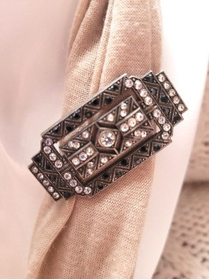 Antique Trombone Clasp Brooch Early Art Deco Black Clear Crystals ...
