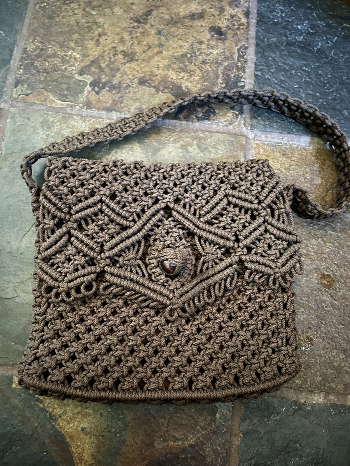 Vintage Chocolate Brown Hand made Macrame Knit 60s 7… - Gem