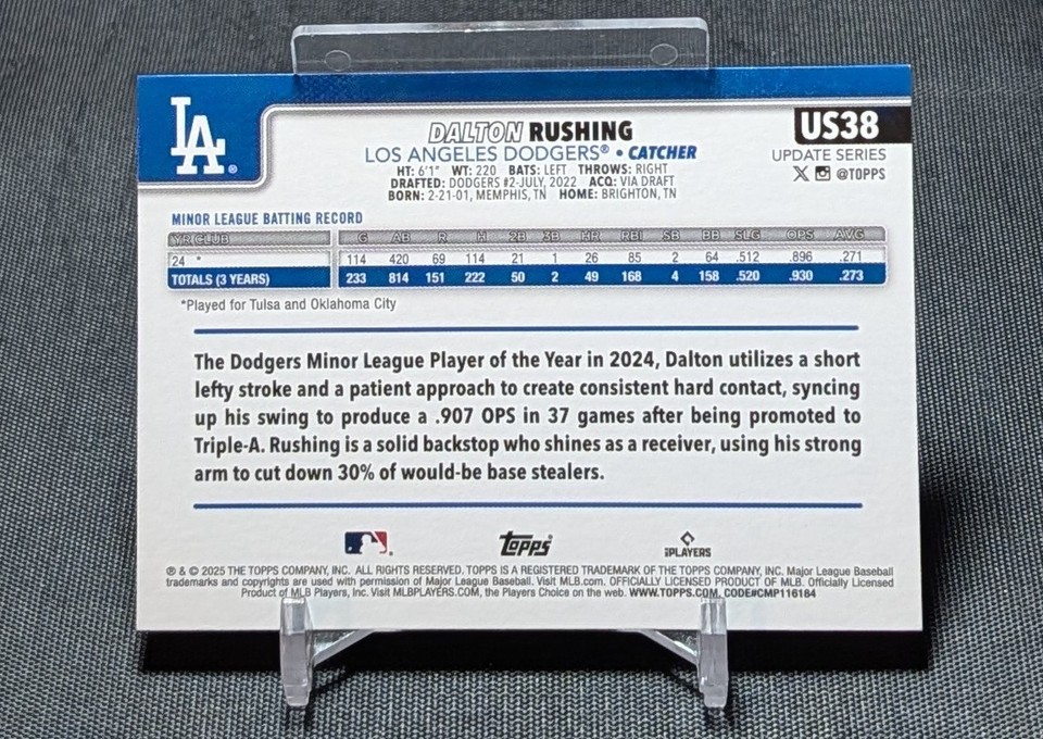 Dalton Rushing Rookie RC 2025 Topps Update Series Baseball Card #US38 ...