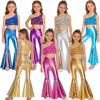 Kids Girls Set Disco Dancewear Crop Top Costume Theme Party Outfits ...