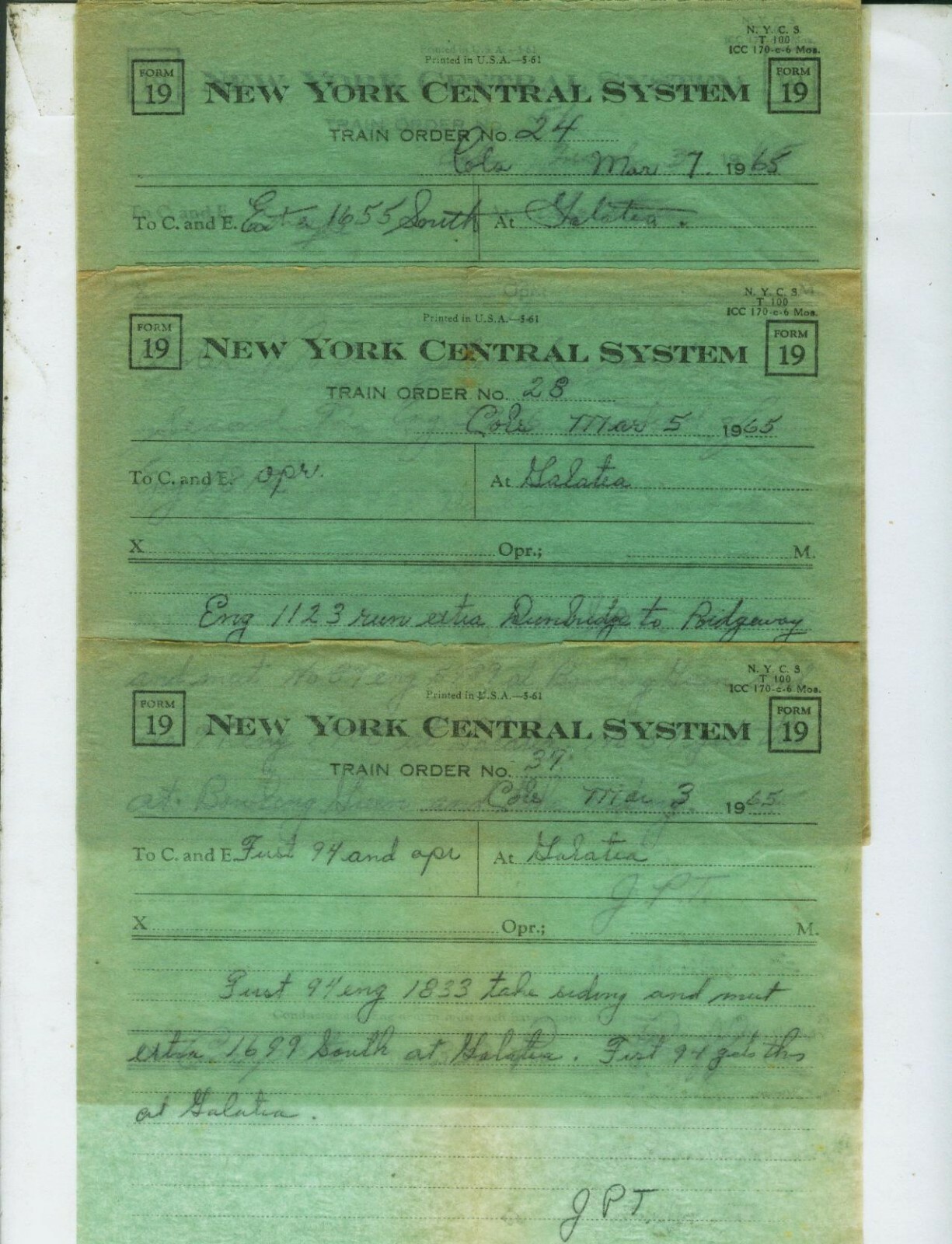 NEW YORK CENTRAL SYSTEM NYC TRAIN ORDERS (20) GALATEA, OHIO ALL 1965 ...