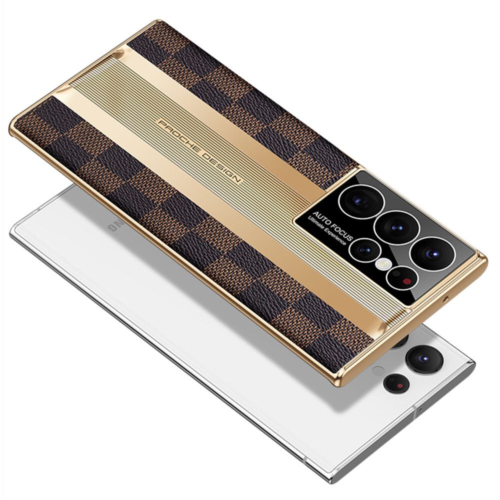 2023 Genuine Leather Splicing Grids Glossy Back Case fr Samsung Galaxy ...