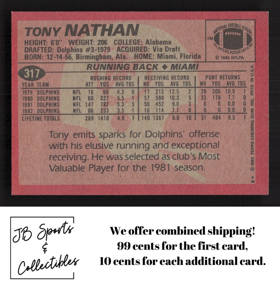 1983 Topps Tony Nathan #317 Miami Dolphins | eBay