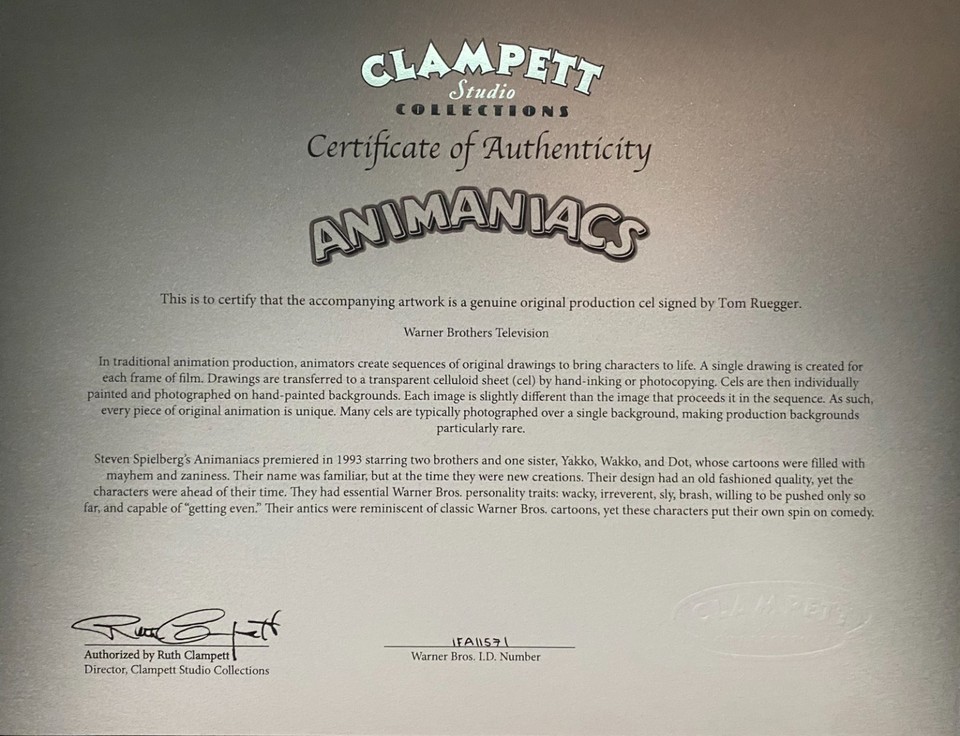 Tom Ruegger Signed 11x14 Hand-Painted Animaniacs Warner Bros Production ...