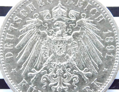 GERMAN 5 Mark 1891 A PRUSSIA EMPIRE KAISER WILHELM II. 90% Silver Coin ...