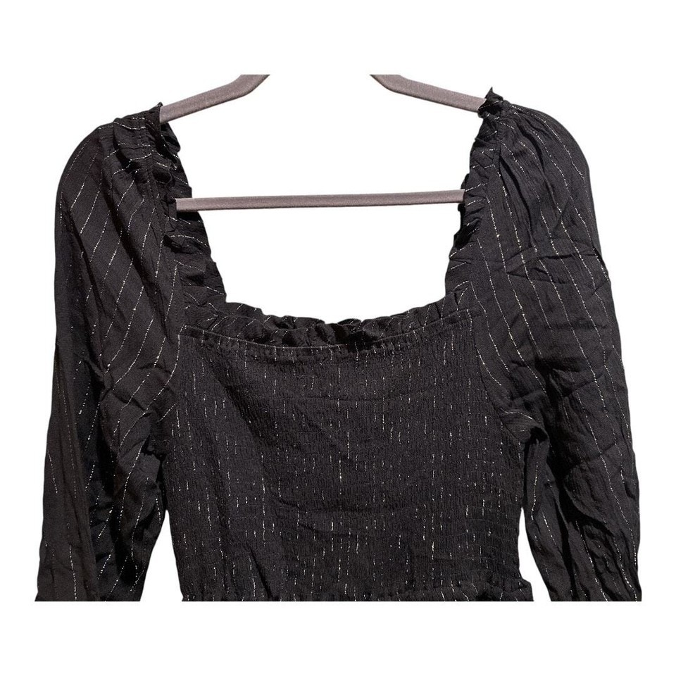 NWT Oat New York Long Sleeve Black & Gold Square Neck Smocked Dress ...