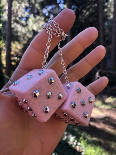Fuzzy Pink Dice with Silver Bling Gems Hanging Dice Danglers Car Decor ...