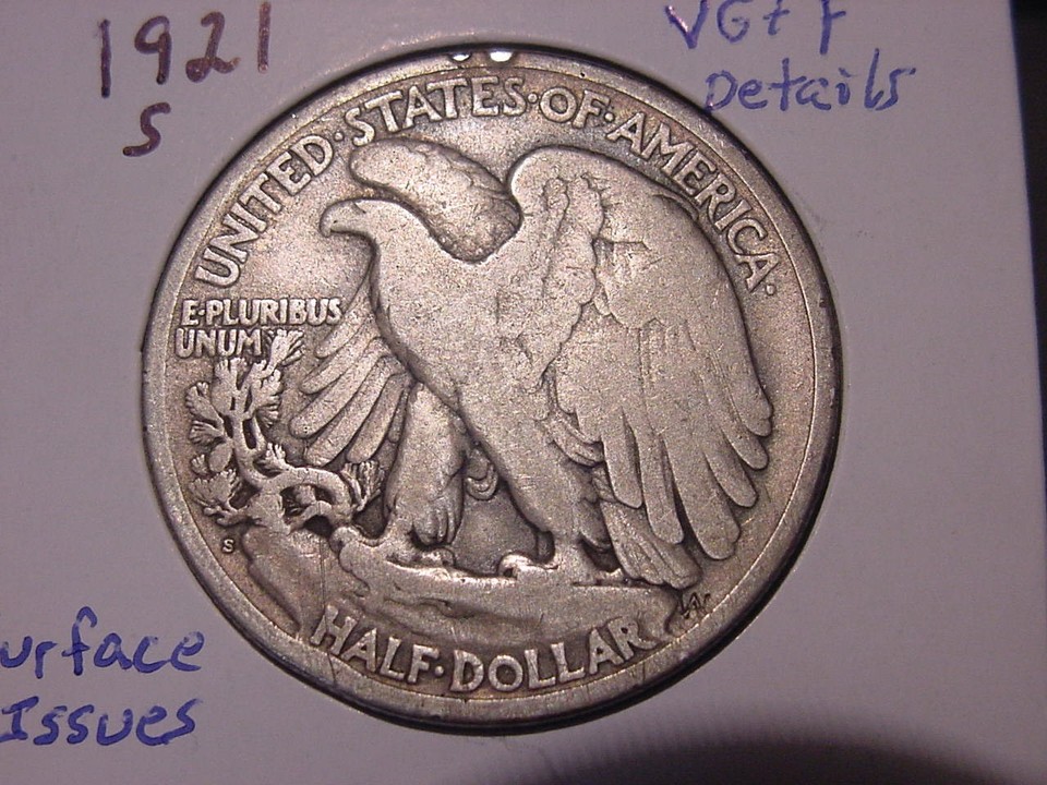 1921-S WALKING LIBERTY HALF VG + F DETAILS NICE POPULAR DATE FREE ...