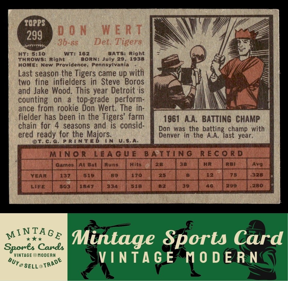 1962 Topps - Don Wert - Rookie RC #299 Detroit Tigers | eBay
