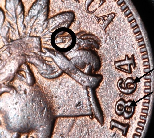 1864L INDIAN HEAD CENT - XF EF -With REPUNCHED DATE RPD & 180° ROTATED ...