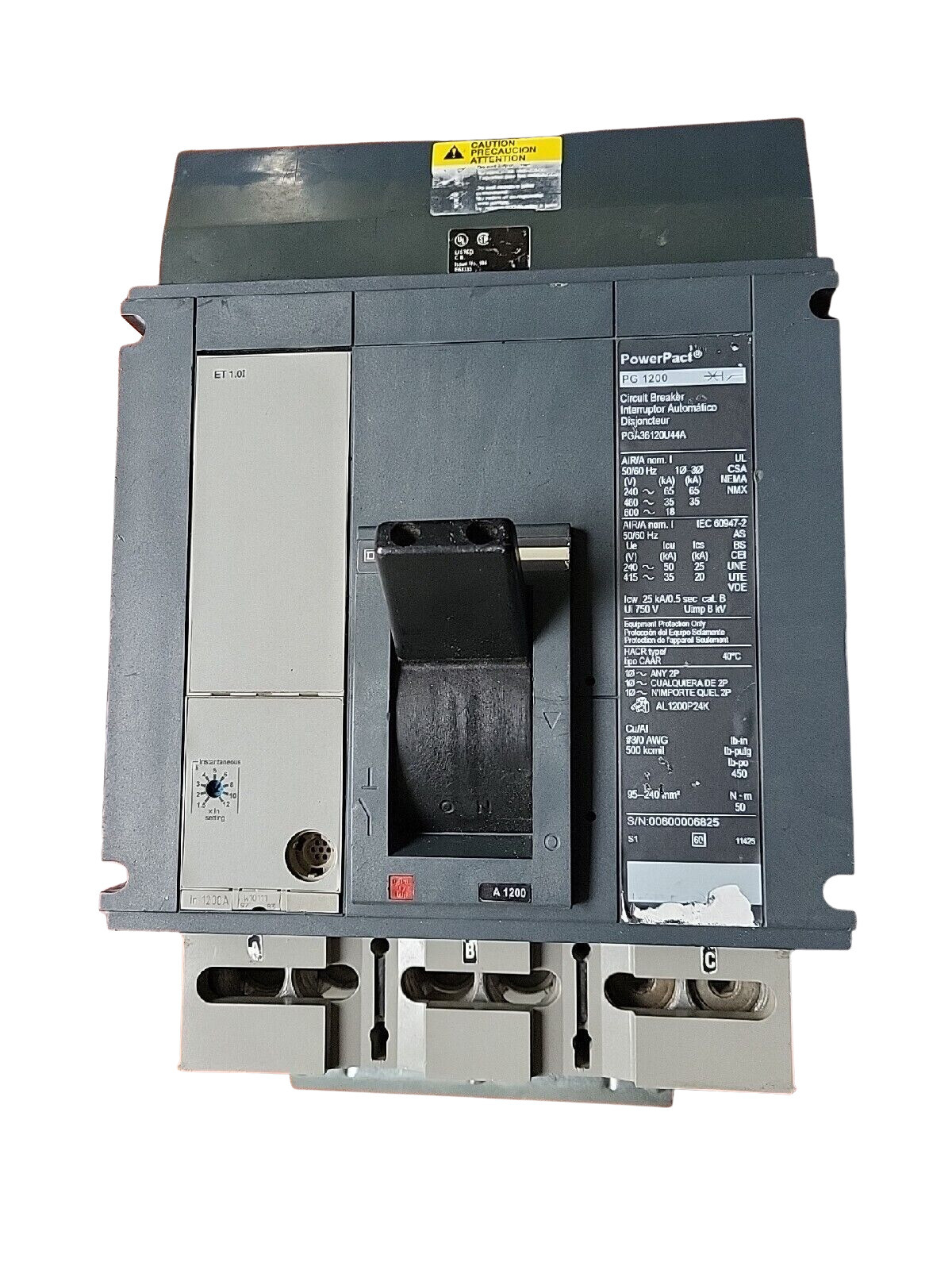 Square D PGA36120 3 Pole 1200 Amp 600VAC Instantaneous Circuit Breaker ...