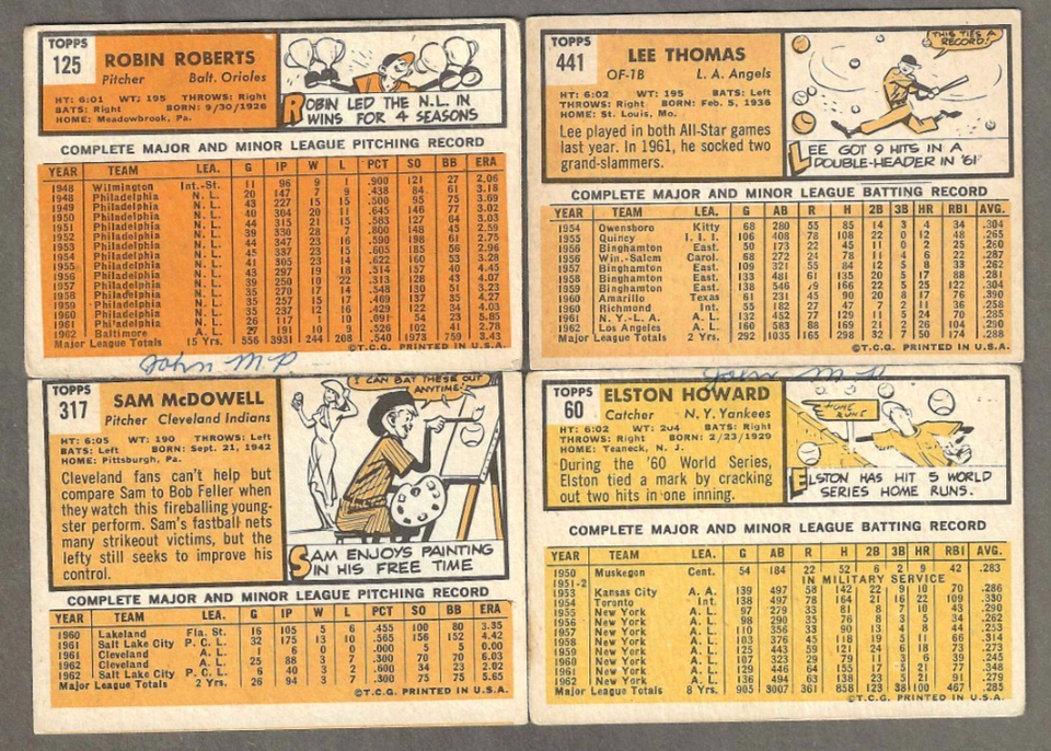 1963 Topps 4 cards Sam McDowell Robin Roberts Elston Howard Thomas FREE ...
