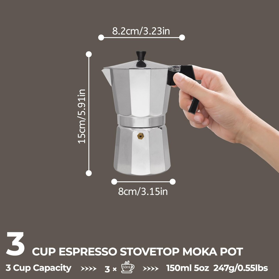 Aluminum 3 Cup 150ml Moka Pot Express Coffee Maker Stovetop Espresso ...