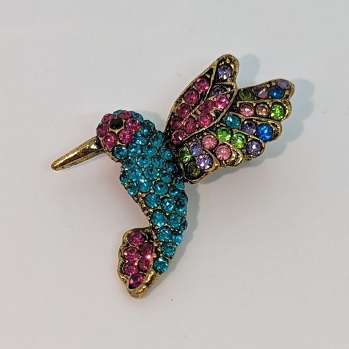 Vintage Hummingbird Brooch With Colorful Rhinestones & Gold-Tone Metal ...