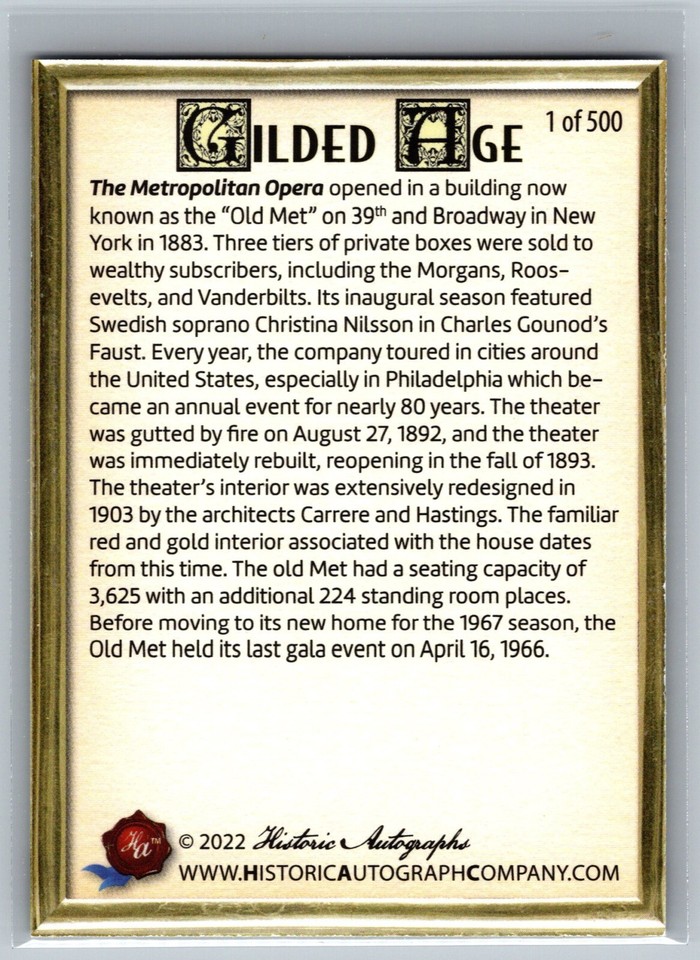 Metropolitan Opera 2022 Historic Autographs Gilded Age RADIANT #95 Card ...