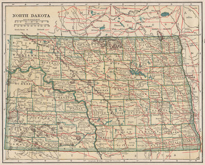 North Dakota state map showing railroads. POATES 1925 old vintage chart ...