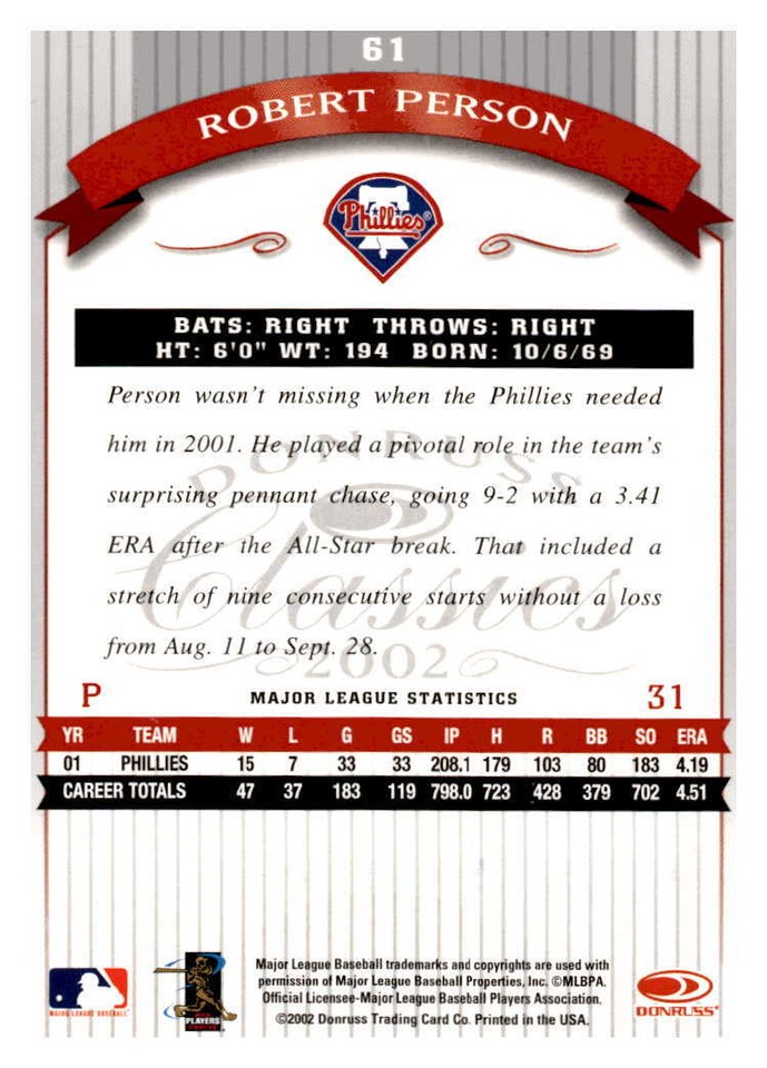 2002 Donruss Classics Robert Person 61 | eBay